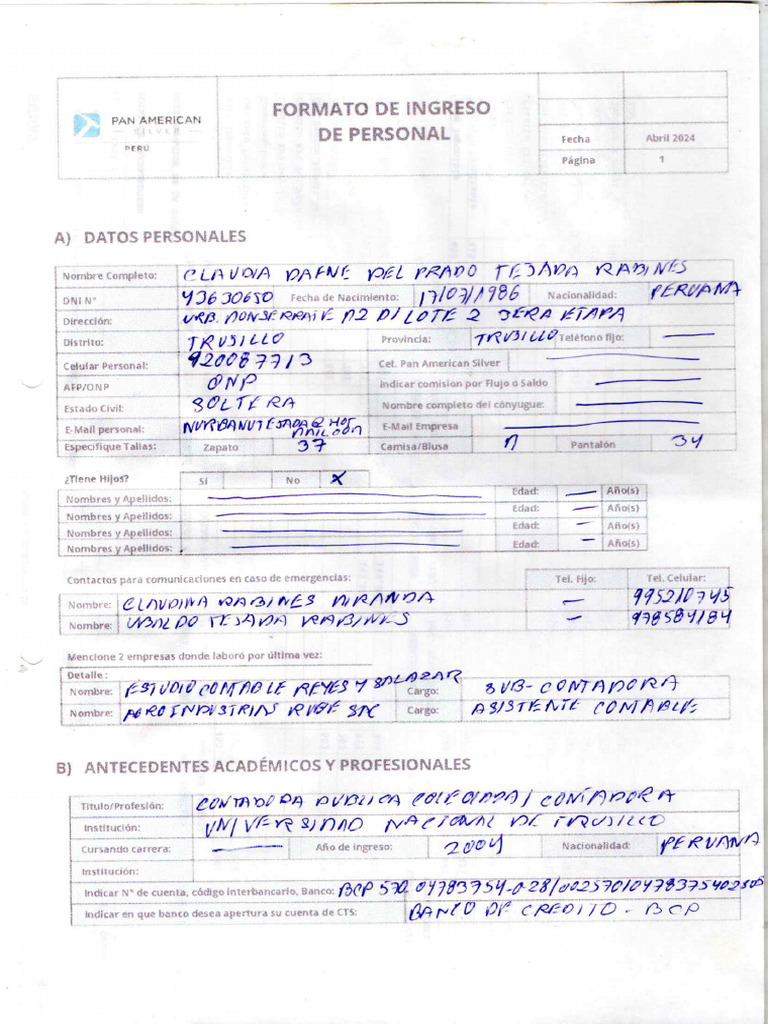 FORMATO DE INGRESO DE PERSONAL | PDF