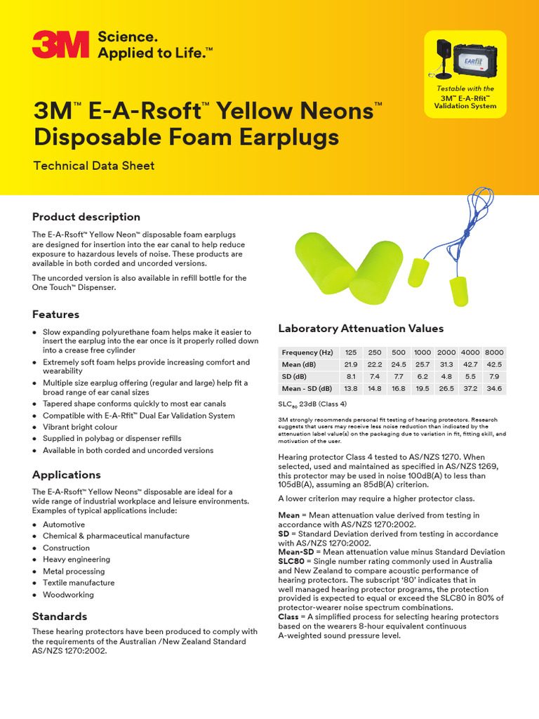 3m-earsoft-yellow-neon-disposable-tds-anz-2023 | PDF | Sound | Audiology