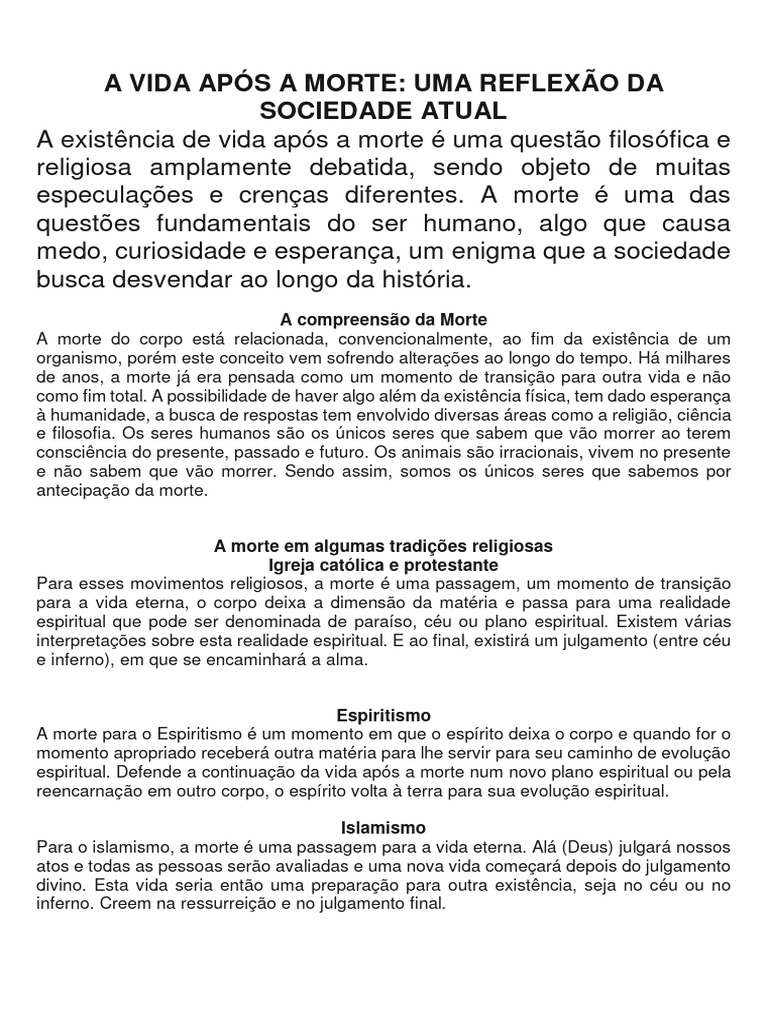 A VIDA APÓS A MORTE Uma Reflexão Da Sociedade Atual-1 | PDF | Morte | Vida após a morte