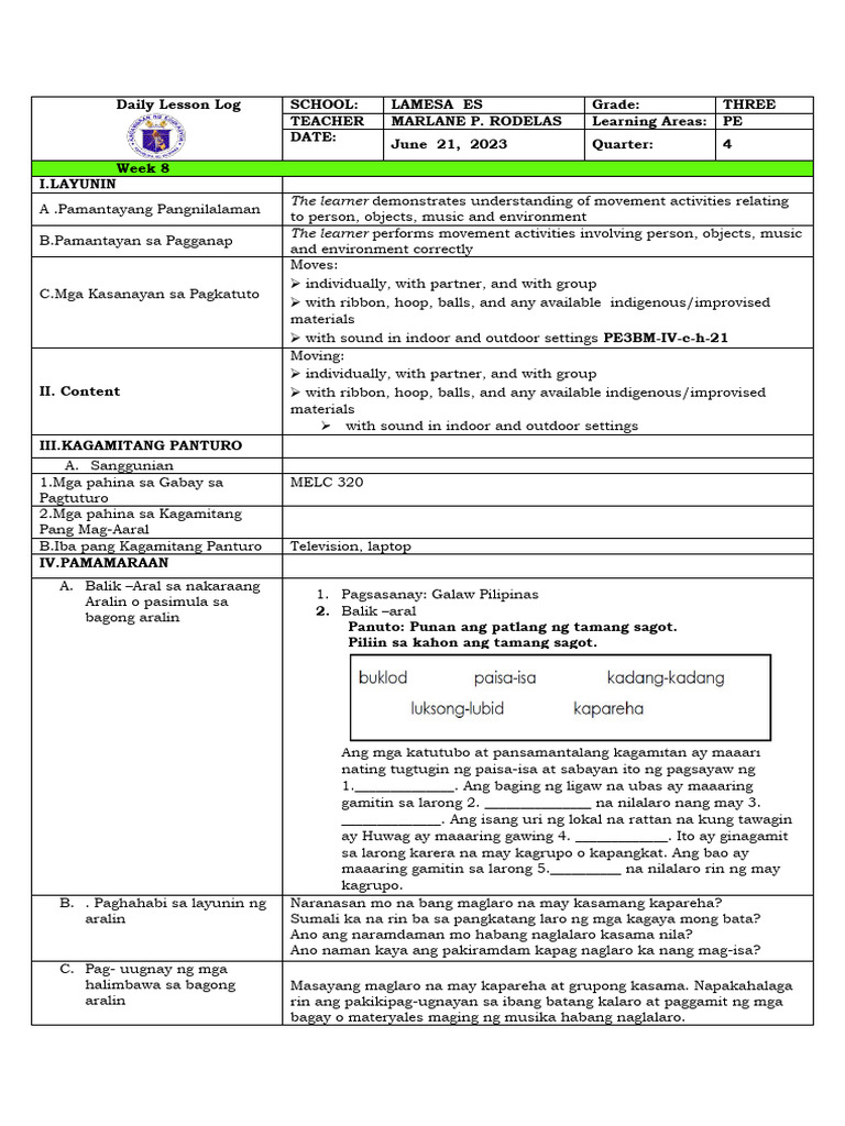 DLL PE 3 Q4 Week 8 | PDF