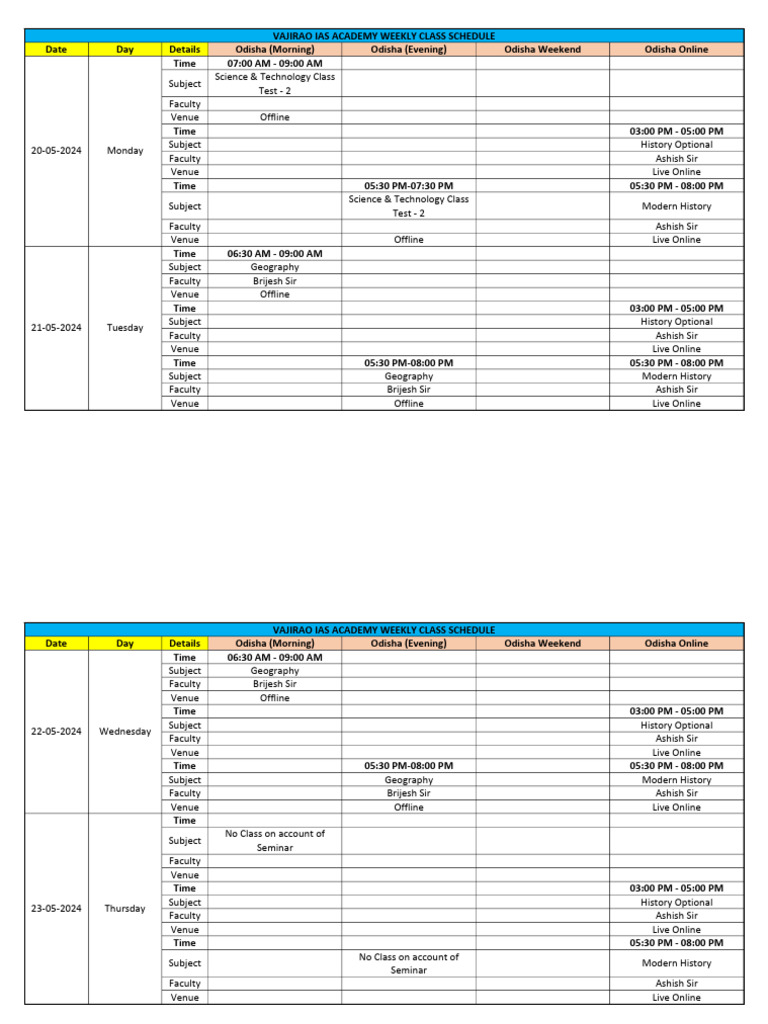 Odisha IAS Class Schedule 20th May 2024 26th May 2024 | PDF | Online ...