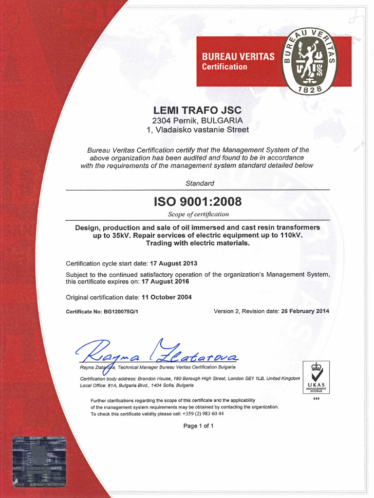 Lemi Trafo Iso 9001 2008 | PDF