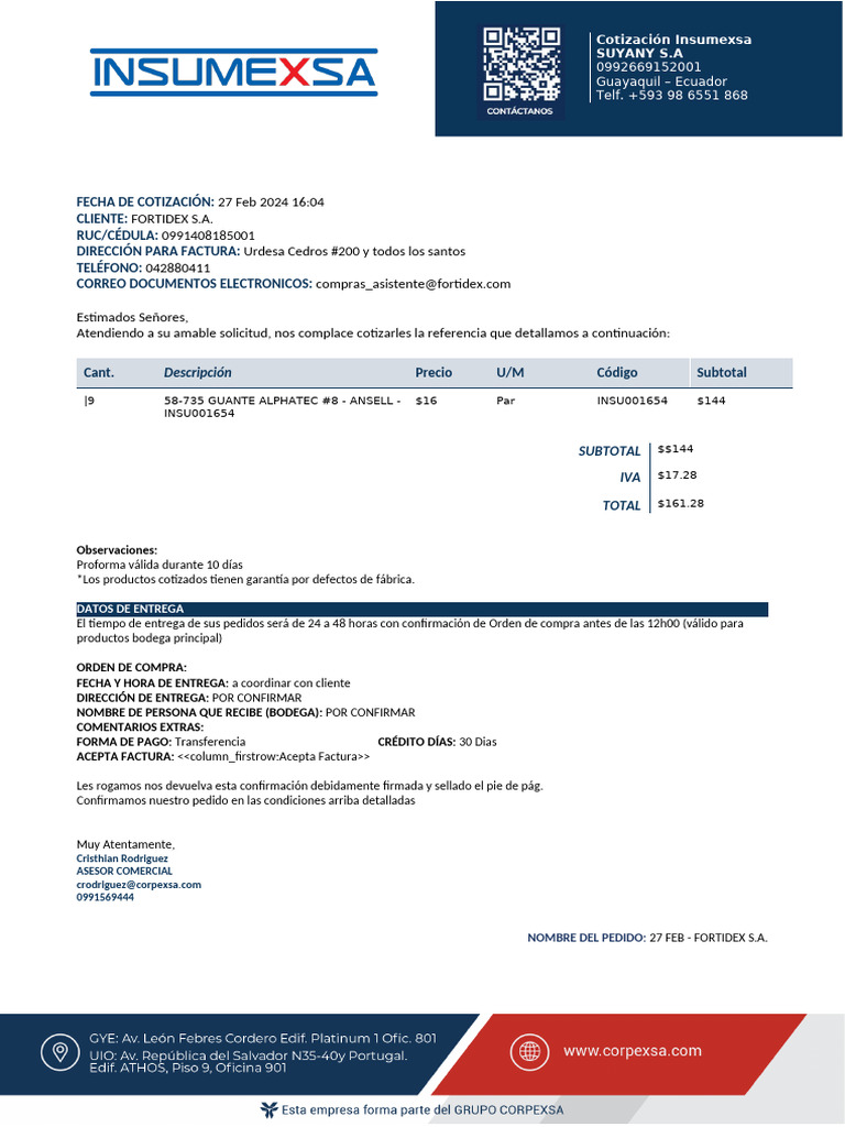 COTIZACION INSUMEXSA - FORTIDEX S.A. - 27 Feb 2024 16 - 04 | PDF