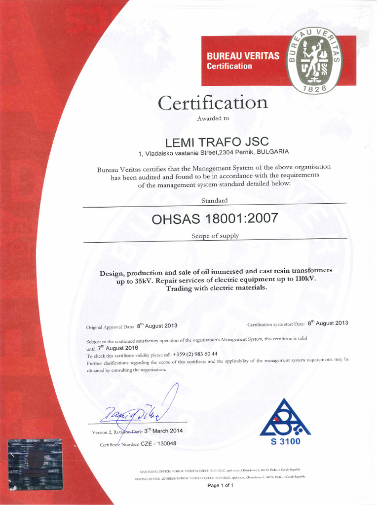 LEMI-TRAFO-OHSAS-18001-2007 | PDF