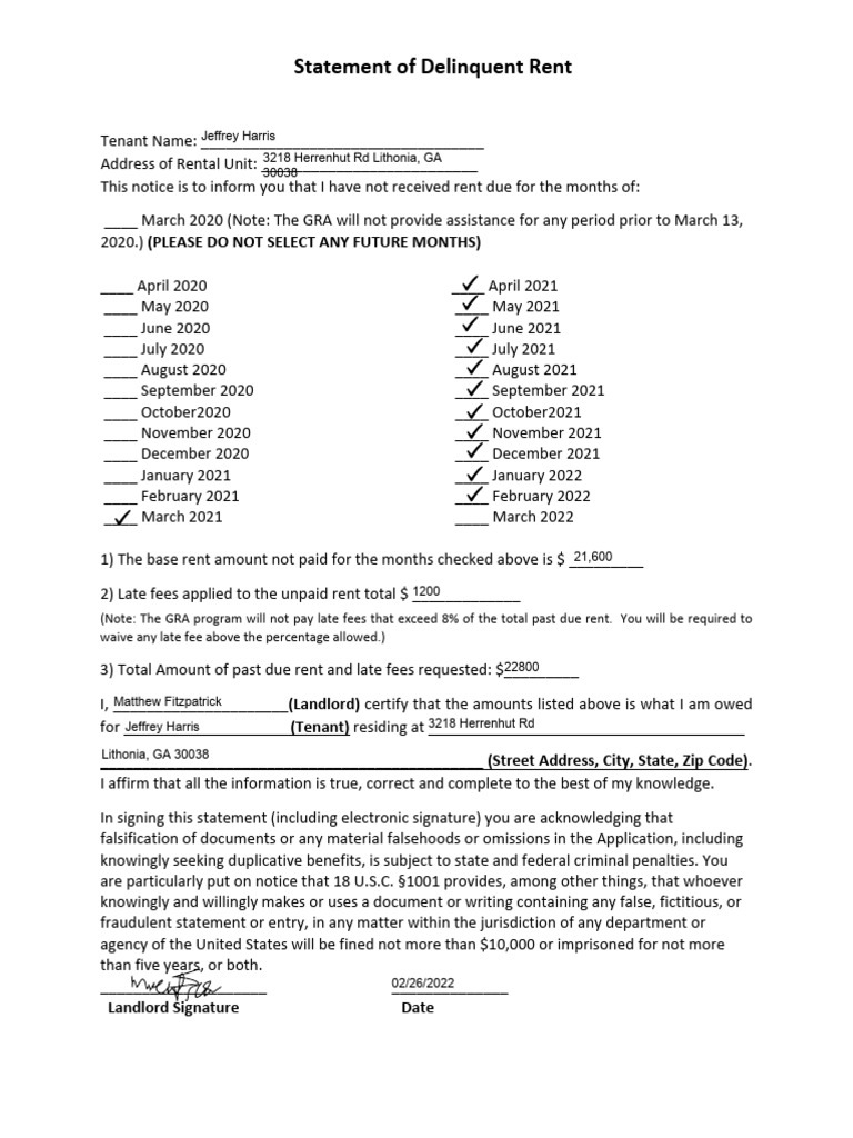 Statement of Delinquent Rent | PDF | Renting | Landlord