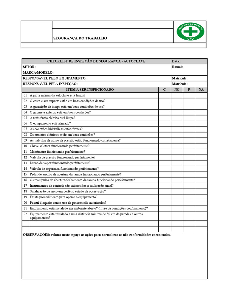 Checklist de Segurança para Autoclave | PDF | Tecnologia e Engenharia
