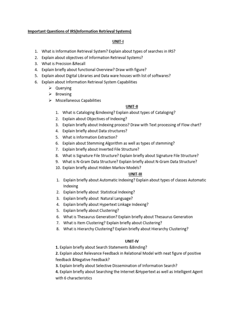 IRS Unit Wise Important Questions | PDF | Information Retrieval ...
