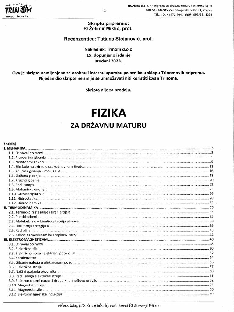 Pripreme Za Državnu Maturu (Fizika 2023) - Trinom | PDF
