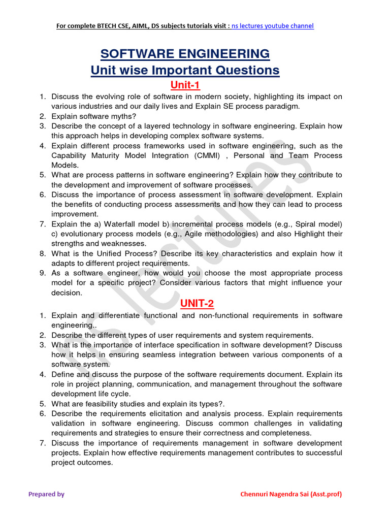 SE Unitwise Imp Questions | PDF | Risk | Software Quality
