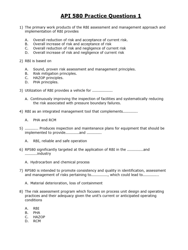 API 580 Practice Questions 01 (140 Questions) | PDF | Risk | Risk ...