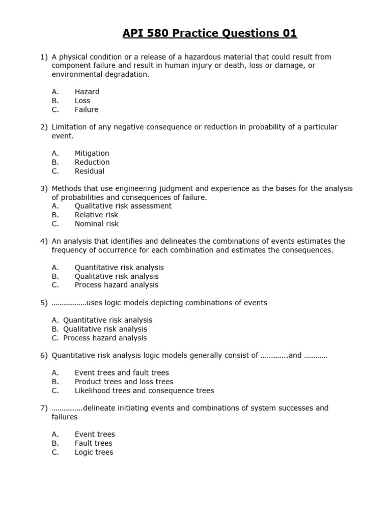 Api 580 Practice Questions 01 119 Questions Pdf Risk Risk Management