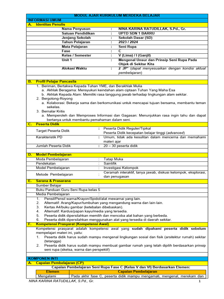 Modul Seni Rupa Kls V Sms 1 | PDF | Sains & Matematika