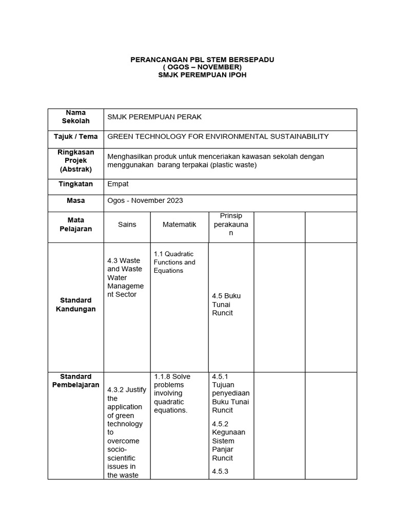 Perancangan PBL Stem Bersepadu | PDF | Economy And The Environment Perancangan PBL Stem Bersepadu | PDF | Economy And The Environment