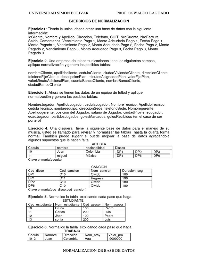 EjercicioS NORMALIZACION | PDF | Bases de datos | Gestión de datos