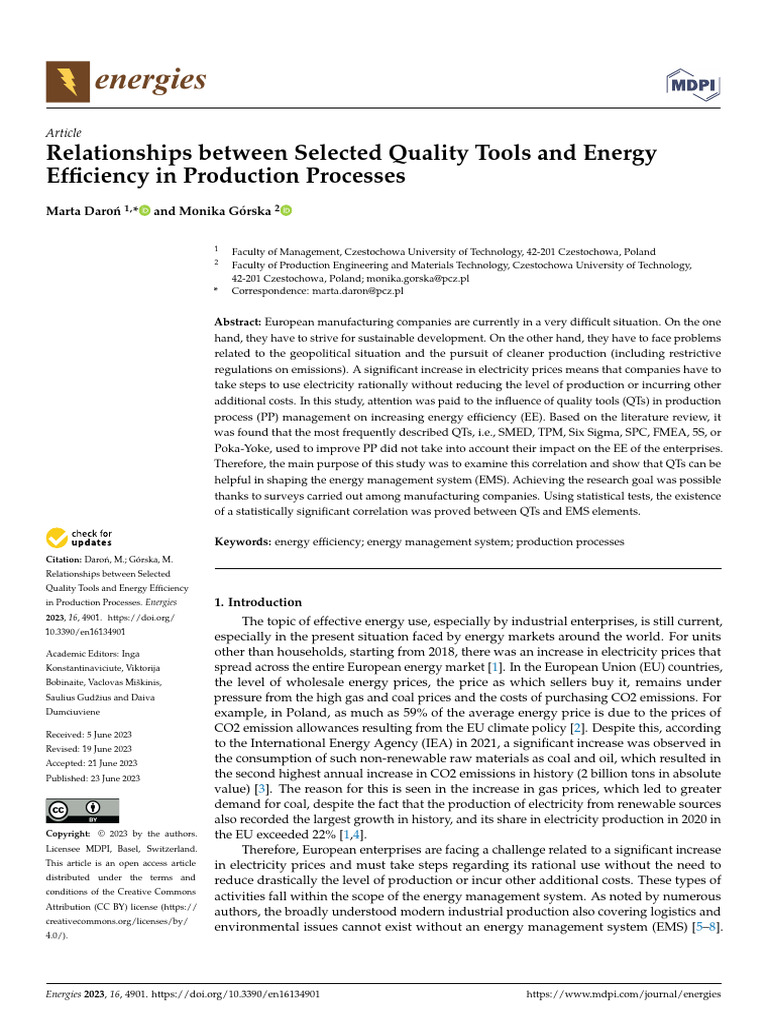 10 - Relationships between Selected Quality Tools and Energy Efficiency inProduction Processes ...