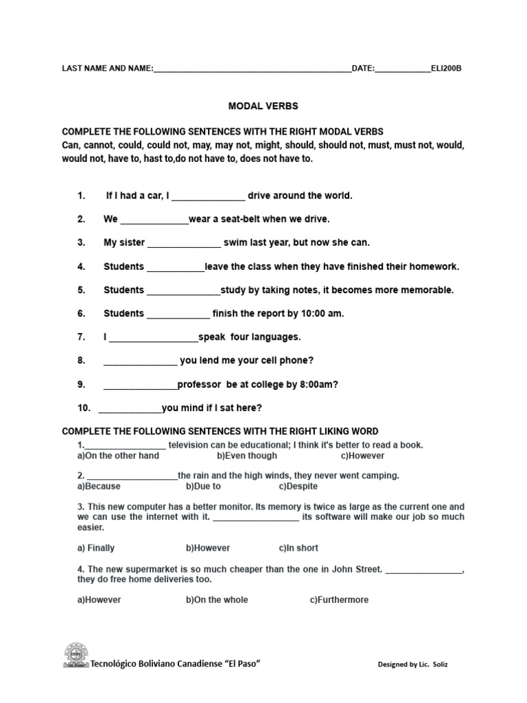 Modal Verbs Worksheet | PDF