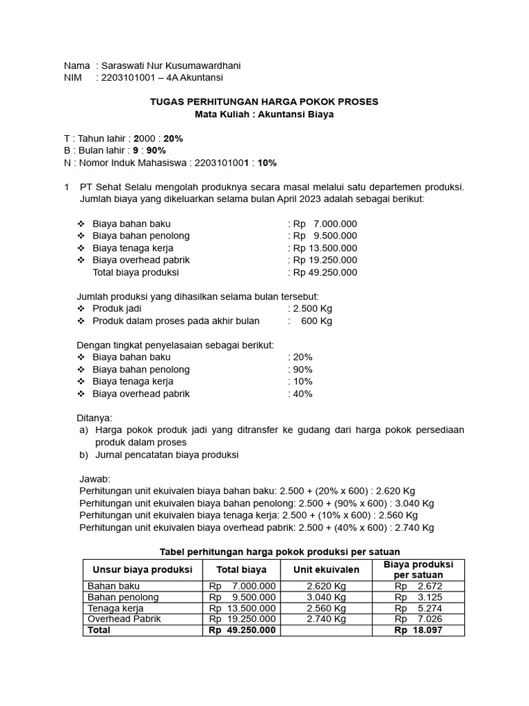 Tugas Perhitungan Metode Harga Pokok Proses | PDF | Teknologi & Rekayasa