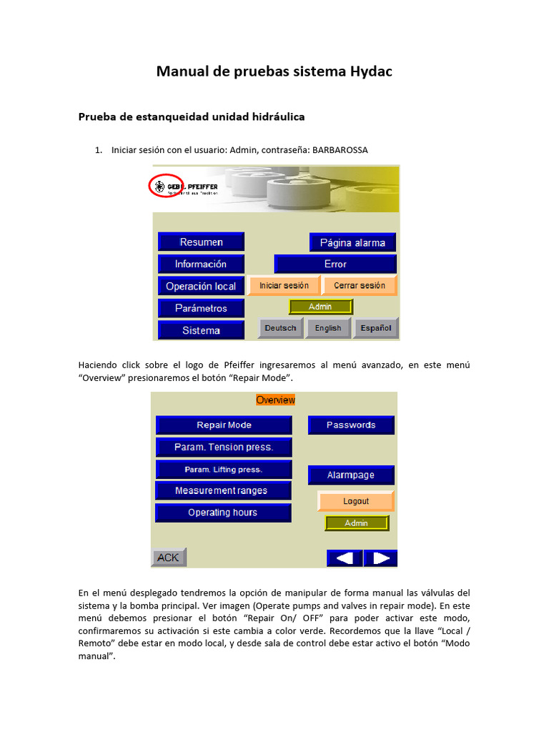Manual de Pruebas Sistema Hydac | PDF | Bomba