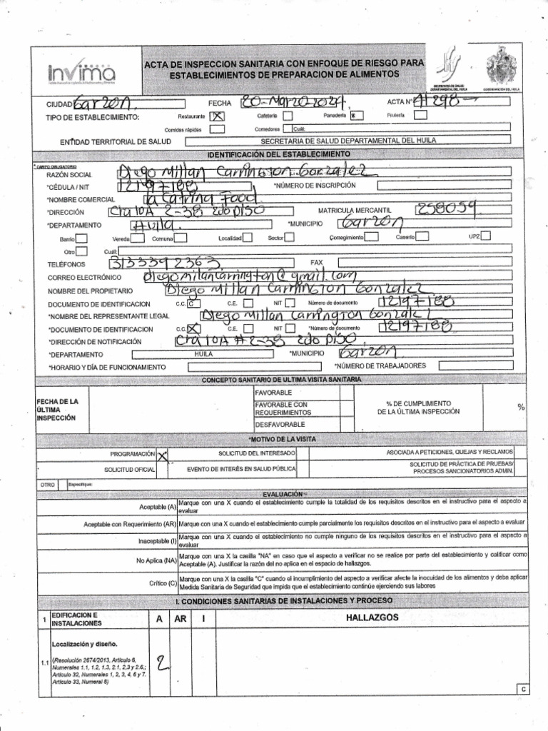 Acta de Inspeccion Sanitaria para Establecimiento Marzo-2024 | PDF