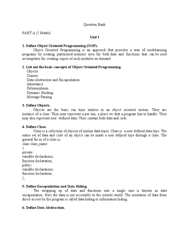 Unit I 1. Define Object Oriented Programming (OOP) | PDF | Constructor ...