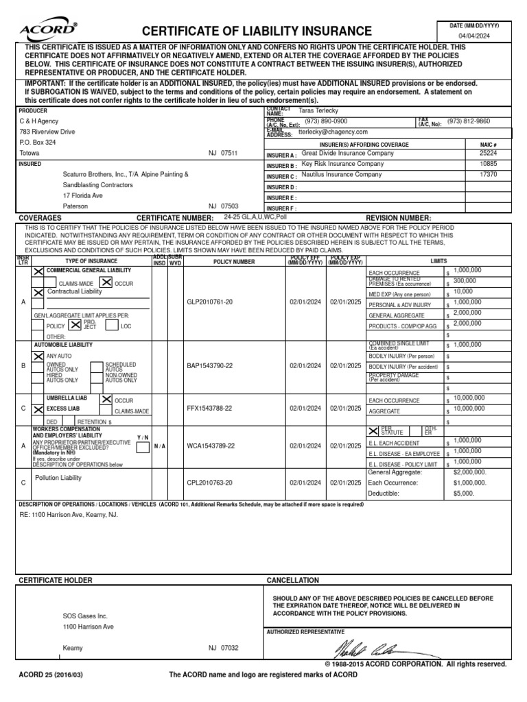 COI - SOS Gases Inc. (1100 Harrison Ave) 4.4.24 | PDF | Insurance | Financial Risk