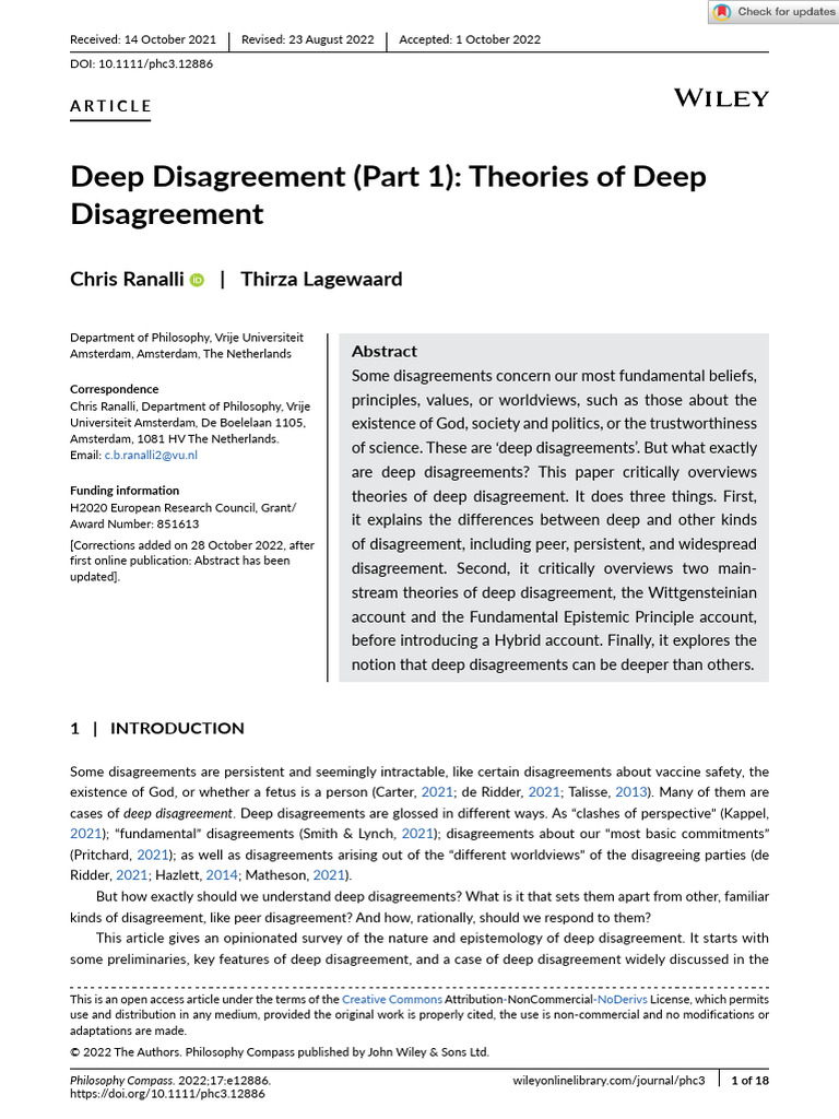 Philosophy Compass - 2022 - Ranalli - Deep Disagreement Part 1 Theories ...