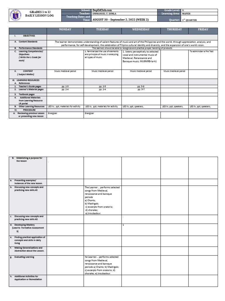 DLL - Mapeh 9 - Q1 - W1 | PDF | Learning | Behavior Modification