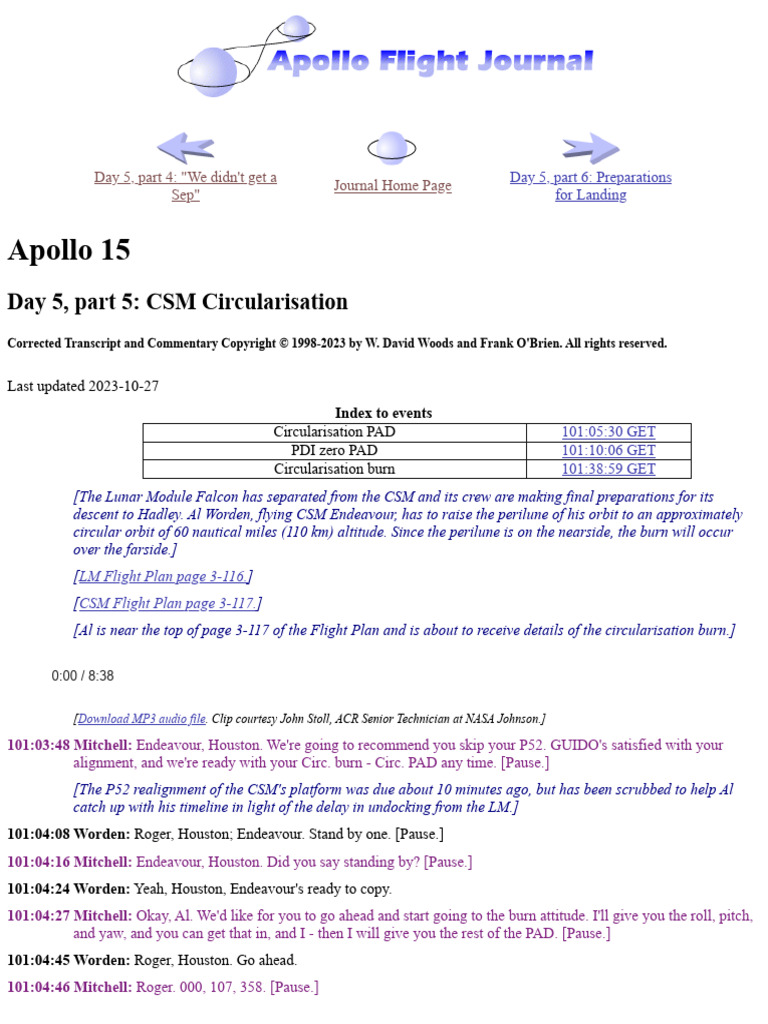 Apollo 15 Flight Journal - Day 5, Part 5 - CSM Circularisation | PDF ...