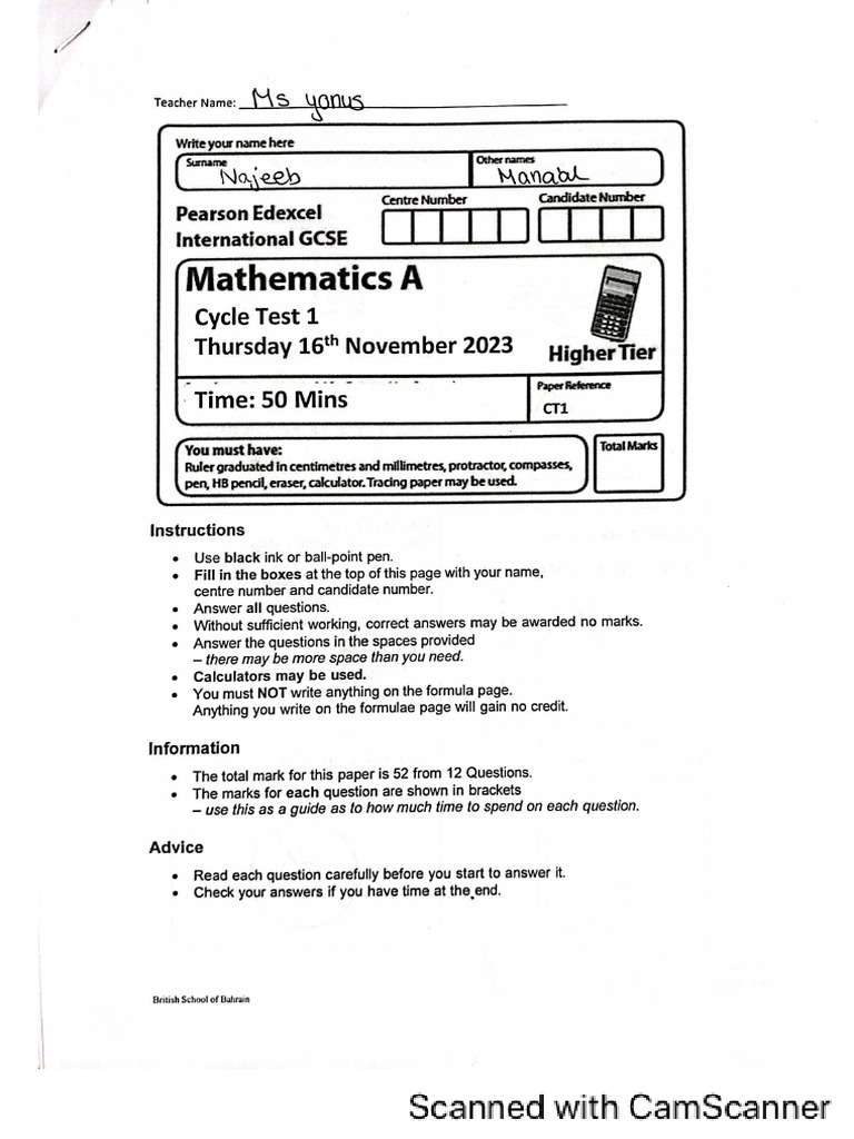 Math test cycle 2 | PDF