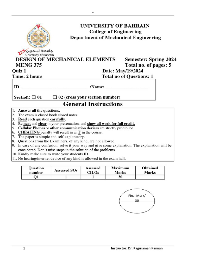 Quiz 1 | PDF | Fatigue (Material) | Reliability Engineering