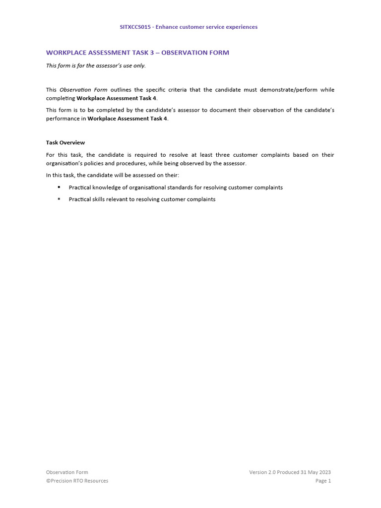 SITXCCS015 Workplace Assessment Task 3 Observation Form v2.0 | PDF ...