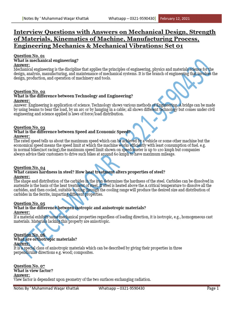 Mechanical Design, Strength Interview Questions and Answers by Waqar ...