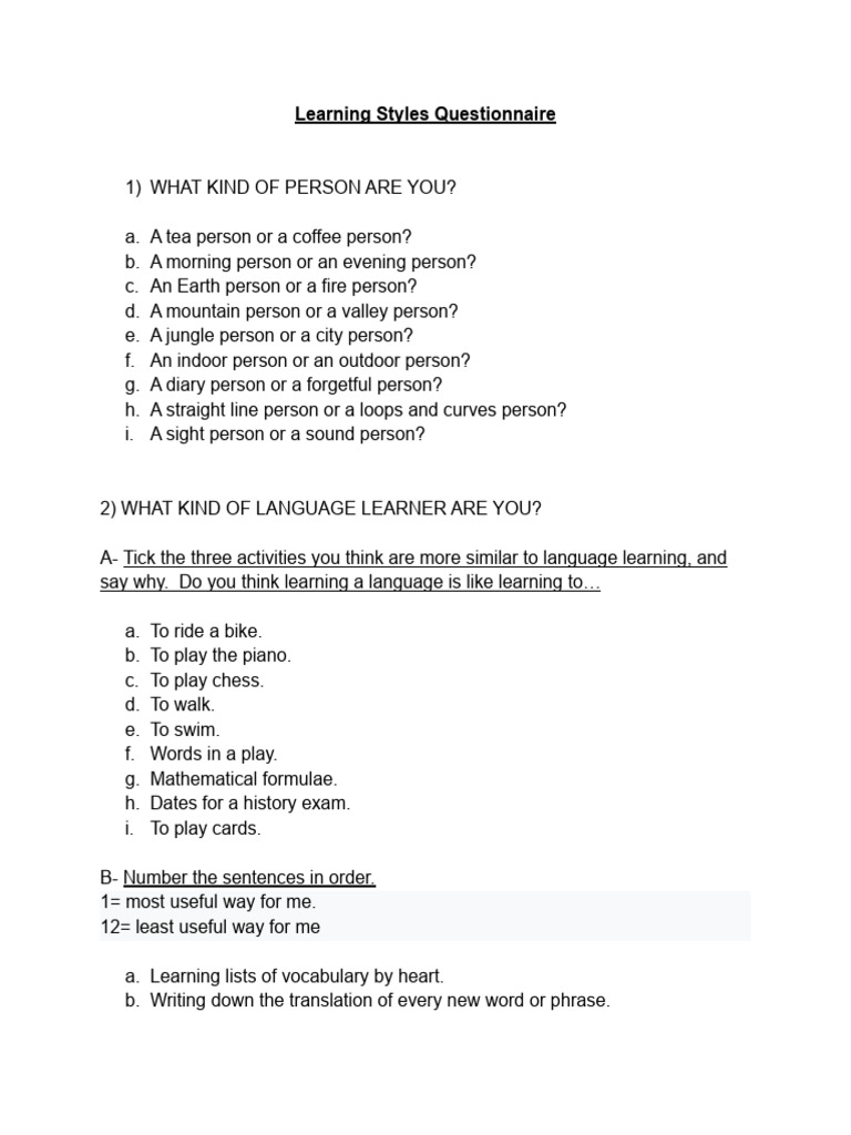 Learning Styles Questionnaire | PDF | Cognition | Learning