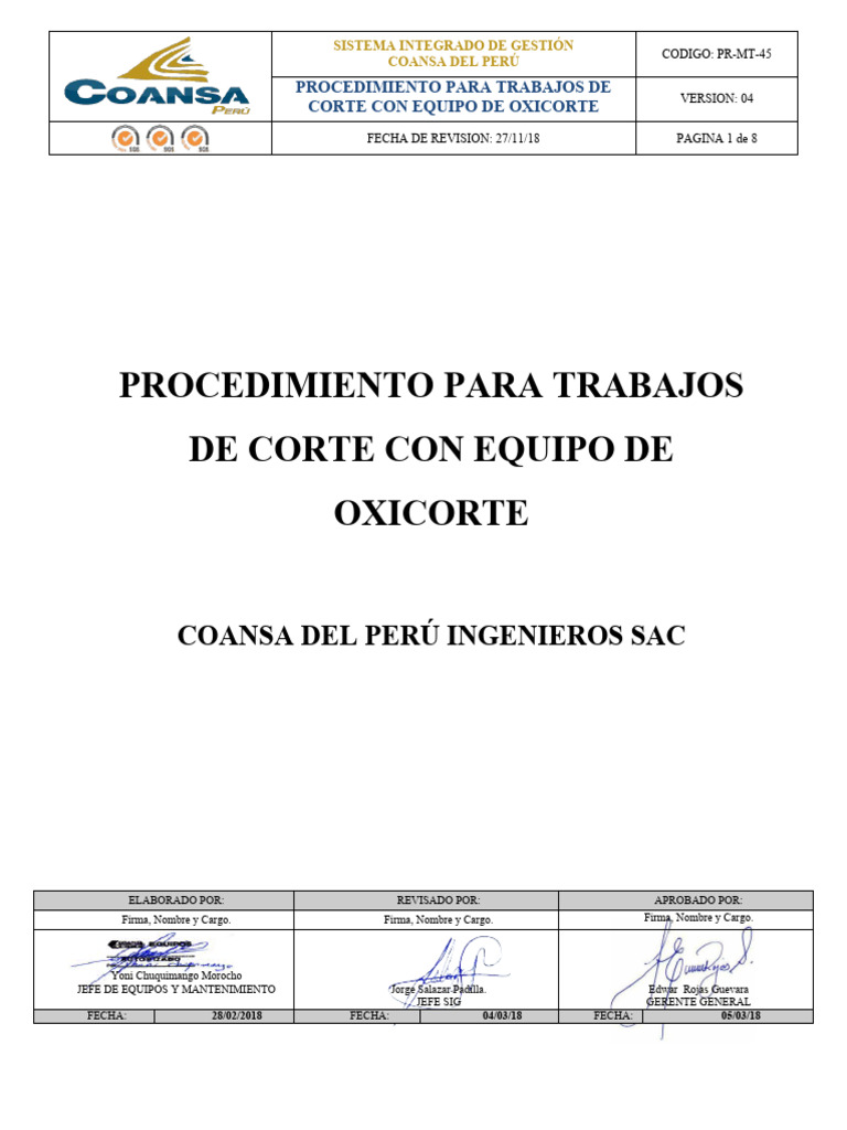 PR-MT-45 Procedimiento para Trabajo de Corte Con Equipo D Oxicorte ...