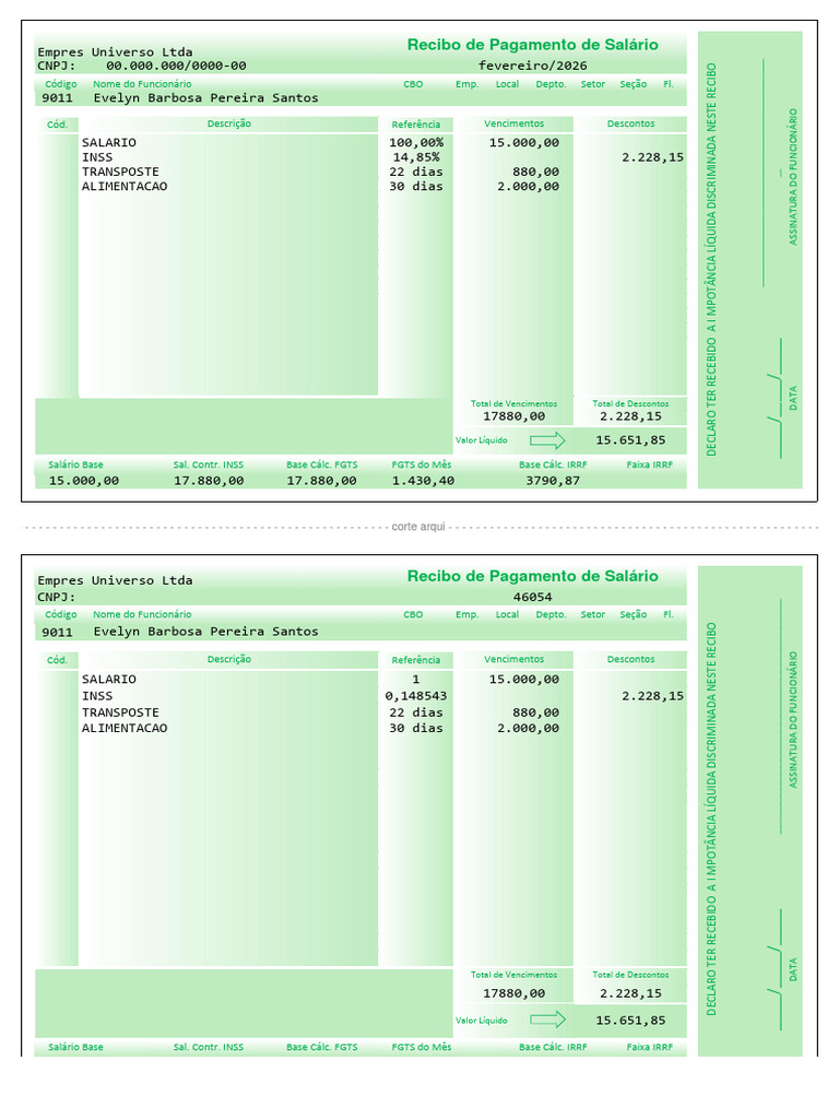 Modelo de Holerite Recibo Gratis | PDF | Seguro social | Estado de bem ...