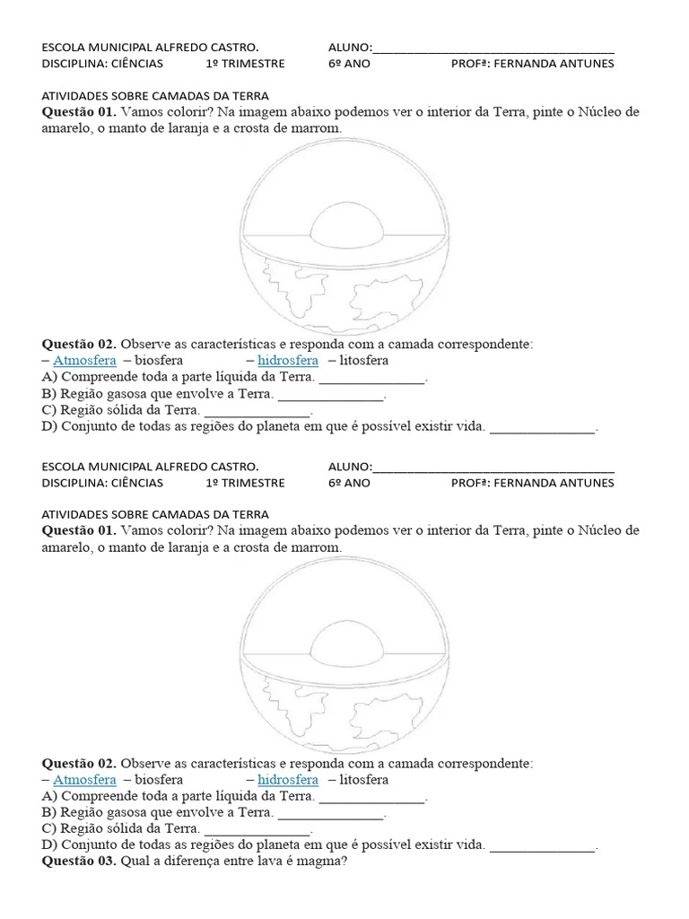 Atividades sobre Camadas da Terra 6º Ano | PDF | Terra | Magma