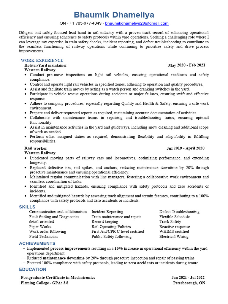Bhaumik D Rail Resume 2024 | PDF | Rail Transport | Train