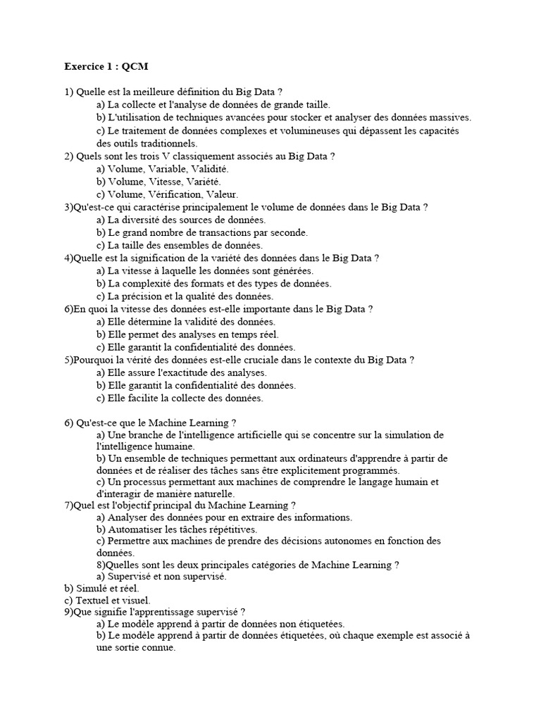 QCM sur Big Data et Machine Learning | PDF | Apprentissage automatique ...