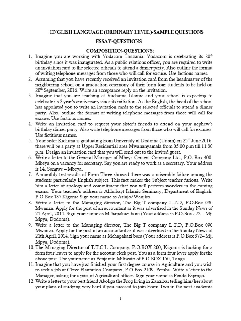 English Language (O-Level) - Sample Questions | PDF | Poetry | Novels