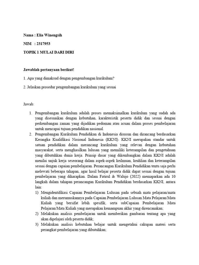 Elia Winengsih 2317953 Perancangan Dan Pengembangan Kurikulum Topik 1 Mulai Dari Diri | PDF