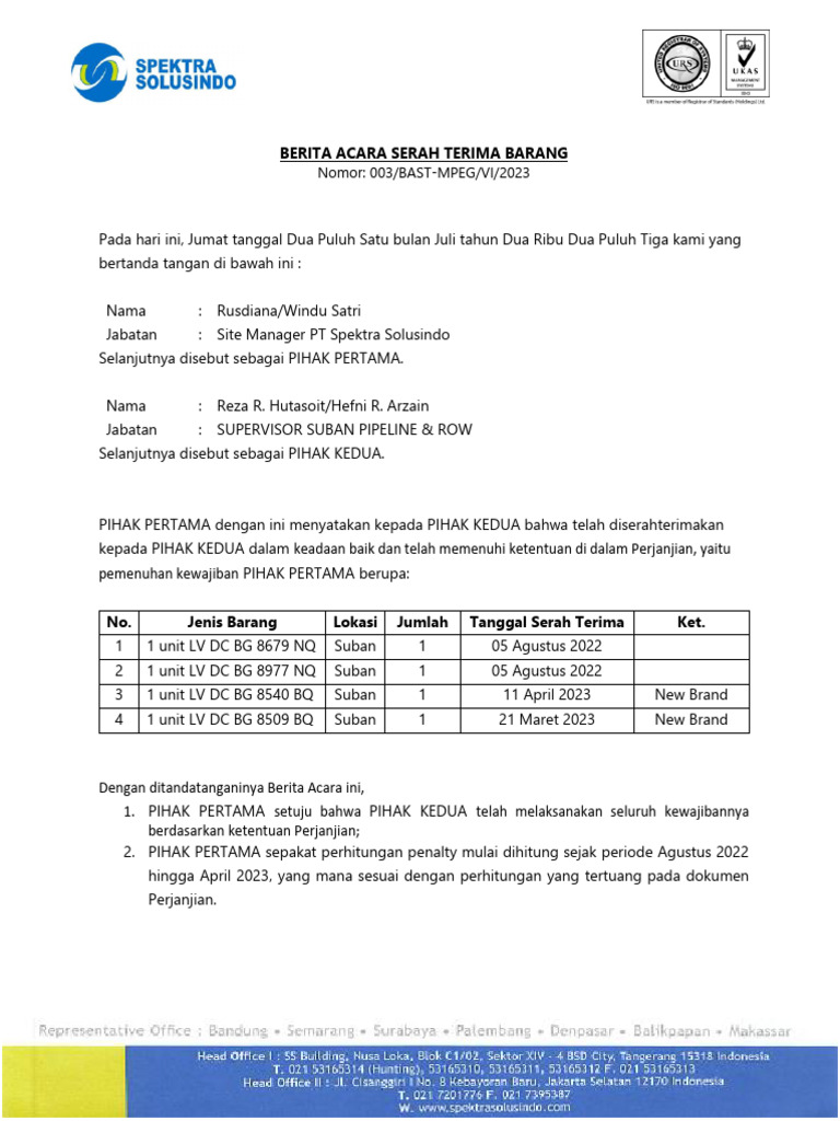 Berita Acara Serah Terima Unit LV | PDF | Teknologi & Rekayasa