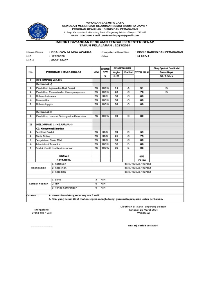 Rapot Mid Genap 2023-2024 Xi BDP | Download Free PDF | Indonesia