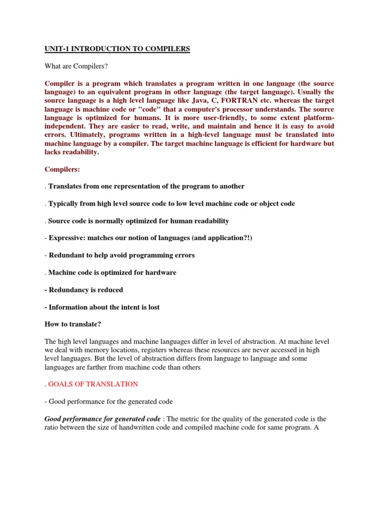 Unit-1 Introduction To Compilers: Goals of Translation | PDF | Compiler | Parsing