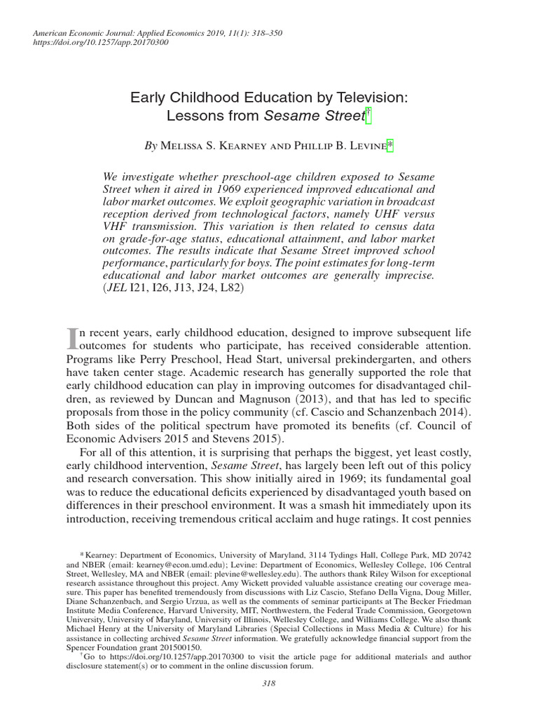 Kearney Levine 2019 Early Childhood Education by Television Lessons From Sesame Street | PDF ...