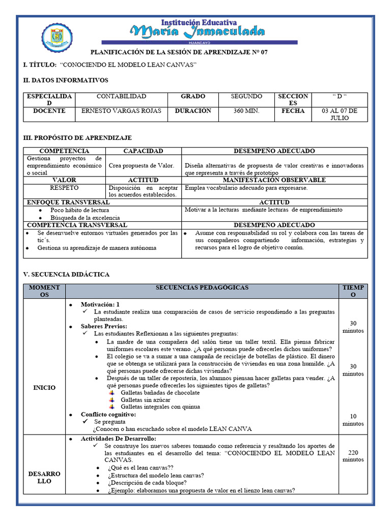 Sesión de Aprendizaje N 7 Lean Canvas | Descargar gratis PDF | Aprendizaje | Iniciativa empresarial