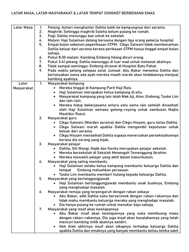 Latar Masa, Latar Masyarakat & Latar Tempat Songket Berbenang Emas | PDF