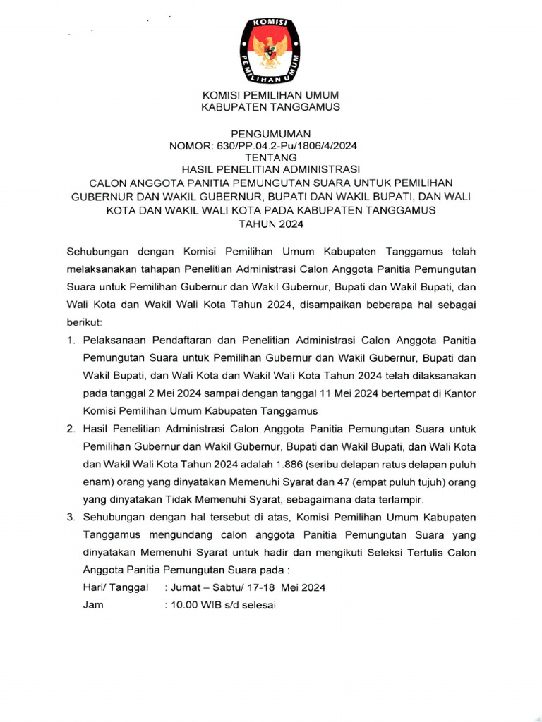 Pengumuman Hasil Seleksi Administrasi PPS Pilkada 2024 | PDF