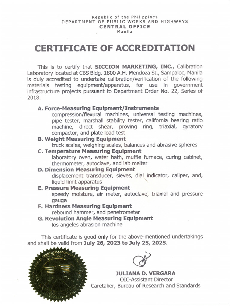 DPWH-BRS Cert of Accreditation 2023 | PDF