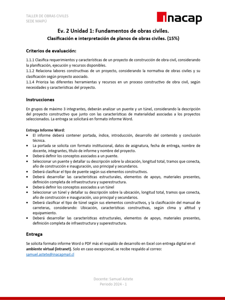 Instrucciones Ev. 2 - Taller de Obras Civiles | PDF