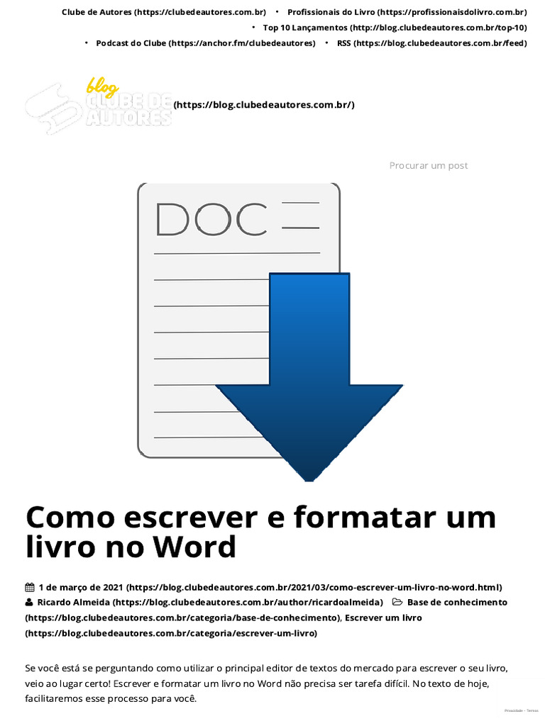 Como Escrever e Formatar Um Livro No Word - Blog Clube de Autores | PDF | Livros | Blog